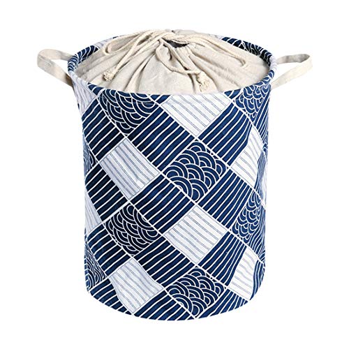 HUAIDE Laundry Basket with Drawstring Closure & Handles Laundry Organizer Hamper Foldable Cotton Laundry Bag Home Dorm Storage Bin Blue+White 1Pc
