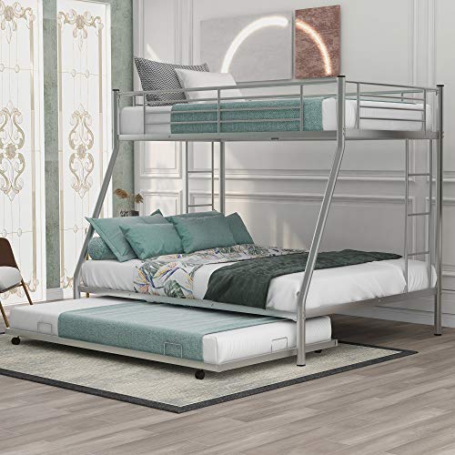 Metal Bunk Beds Twin Over Full Size with 2 Ladder and Trundle Bed for Kids Teens Adults, (Silver)