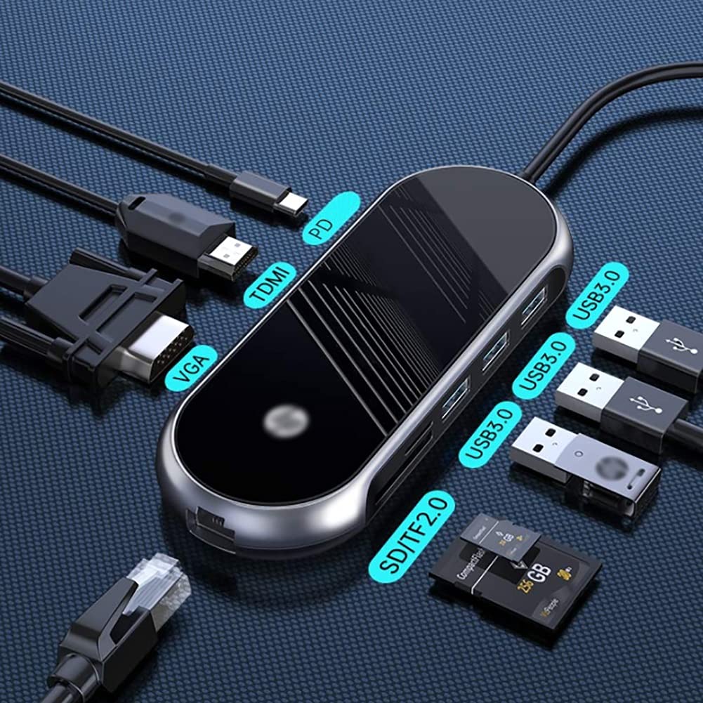 Port Expander USB C Docking Station 9-in-1 Type C Hub with Ethernet, HDMI, VGA, 3 USB 3.0, 100W PD, SD/TF Card Reader USB C Hub USB Splitter