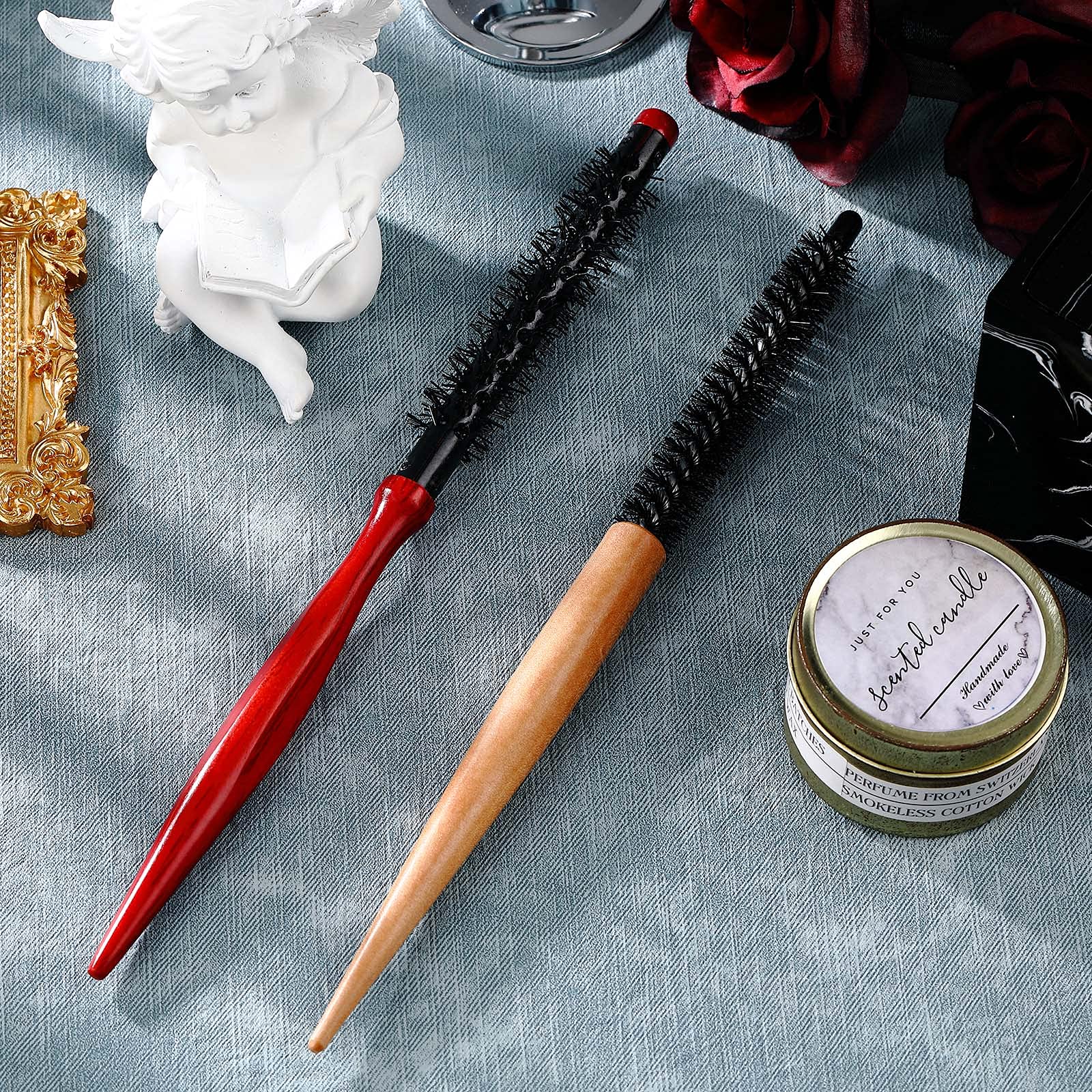 2 Pcs Small Round Hair Brush Mini Round Wood Brush Roller Quiff Hair Combs Nylon Bristles es Salon dressing for Blow Drying Curly Styling Bangs Lifting Beard Care, 2 Styles