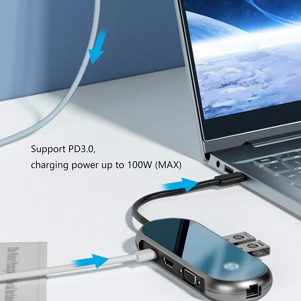 Port Expander USB C Docking Station 9-in-1 Type C Hub with Ethernet, HDMI, VGA, 3 USB 3.0, 100W PD, SD/TF Card Reader USB C Hub USB Splitter