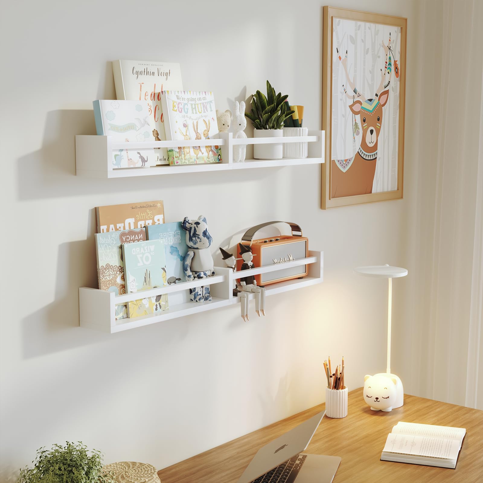 White Nursery Bookshelves,32Inch, Floating Nursery Shelves - Set of 3 - Book Shelf Organizer for Baby Nursery Room Decor, Wall Shelves for Kitchen Spice Rack, Pine