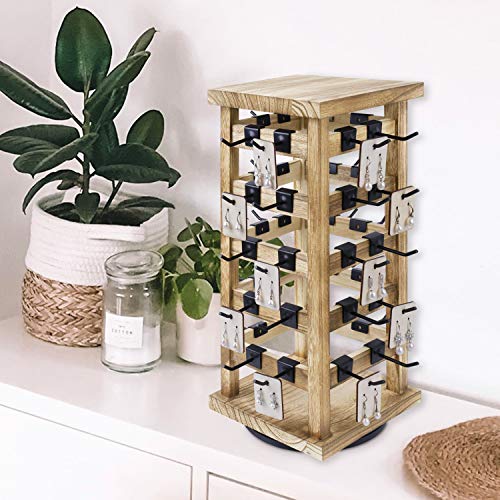 Ikee Design Natural Wood Rotating Jewelry Storage Display with 42 Hooks, Wooden Hanging Accessories Tower, Oak Color, 7.5" W x 7.5" D x 15.9" H