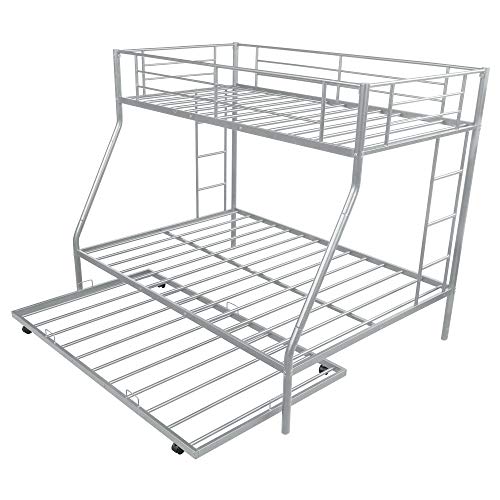 Metal Bunk Beds Twin Over Full Size with 2 Ladder and Trundle Bed for Kids Teens Adults, (Silver)