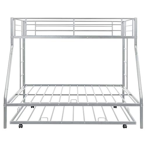 Metal Bunk Beds Twin Over Full Size with 2 Ladder and Trundle Bed for Kids Teens Adults, (Silver)