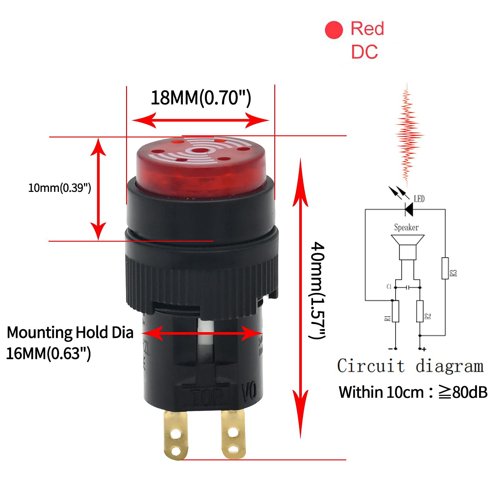 16MM Buzzer Red Indicator Light Lamp 24VDC LED Red 5/8" Installation Hole Alarm Signal Indicator Electrical Control Panel DIY 2Pcs (Red with Light,24VDC, Round)