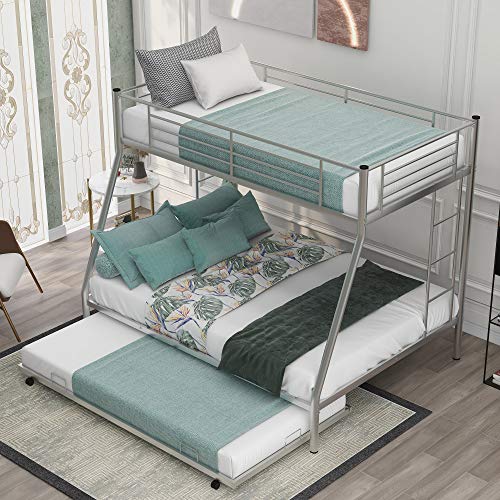 Metal Bunk Beds Twin Over Full Size with 2 Ladder and Trundle Bed for Kids Teens Adults, (Silver)