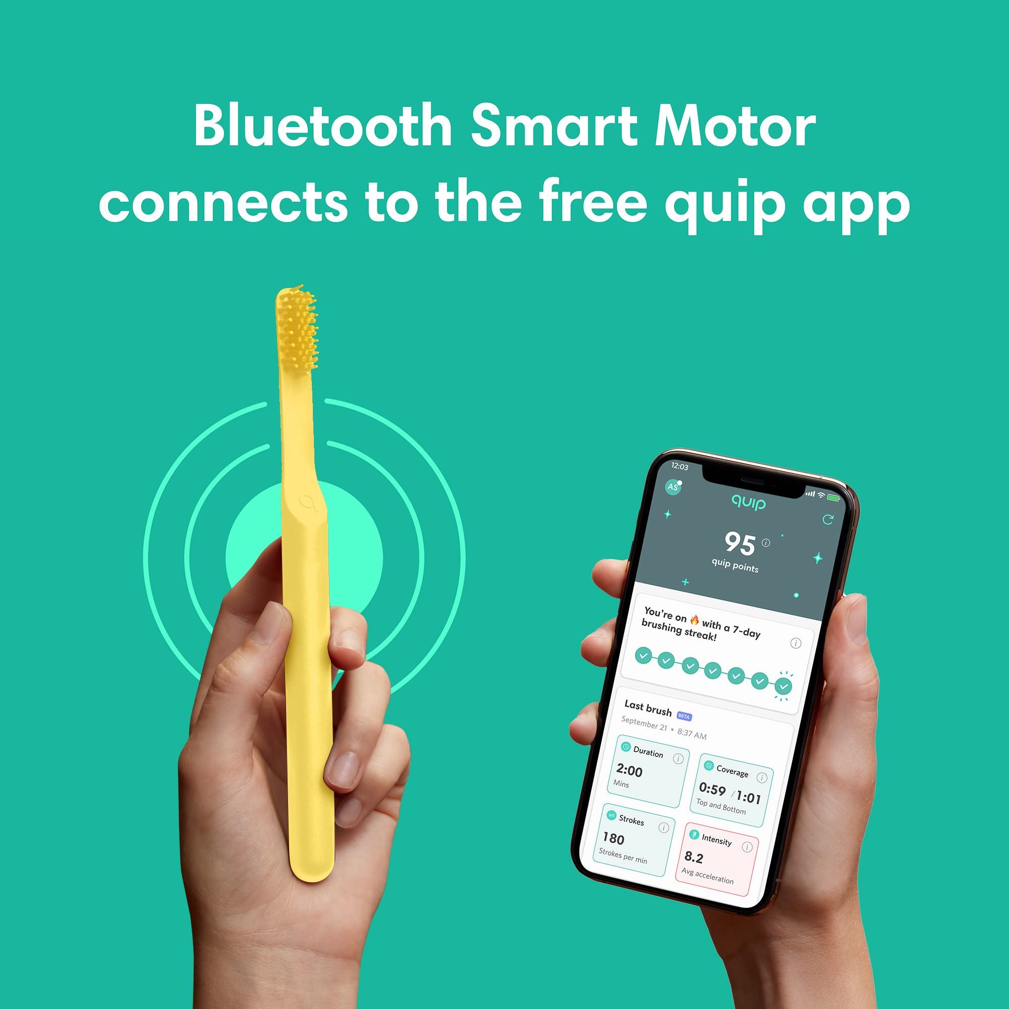 quip Kids Smart Electric Toothbrush - Sonic Toothbrush with Bluetooth® + Rewards App, Small Brush Head, Soft Bristles, Travel Cover/Mirror Mount, Timer, and Rubber Handle - All-Yellow