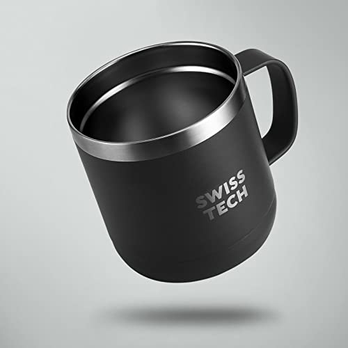Swiss+Tech 14 oz Coffee Mug, Vacuum Insulated Mug Cup with Lid, Double Wall Stainless Steel Travel Tumbler Cup, Corrosion Resistant, BPA Free (Black)
