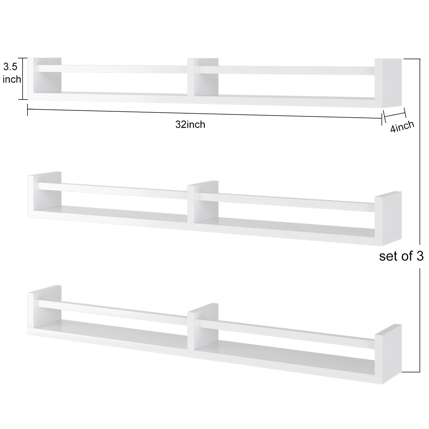 White Nursery Bookshelves,32Inch, Floating Nursery Shelves - Set of 3 - Book Shelf Organizer for Baby Nursery Room Decor, Wall Shelves for Kitchen Spice Rack, Pine