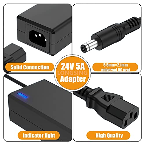 24V Power Supply Adapter, LONGSING 24V 5A AC DC Adapter, AC 100-240V to DC 24V, 5.5X 2.5mm DC Plug, Input 100V-240V, Output 24V 5A 120W, with DC Female Connector
