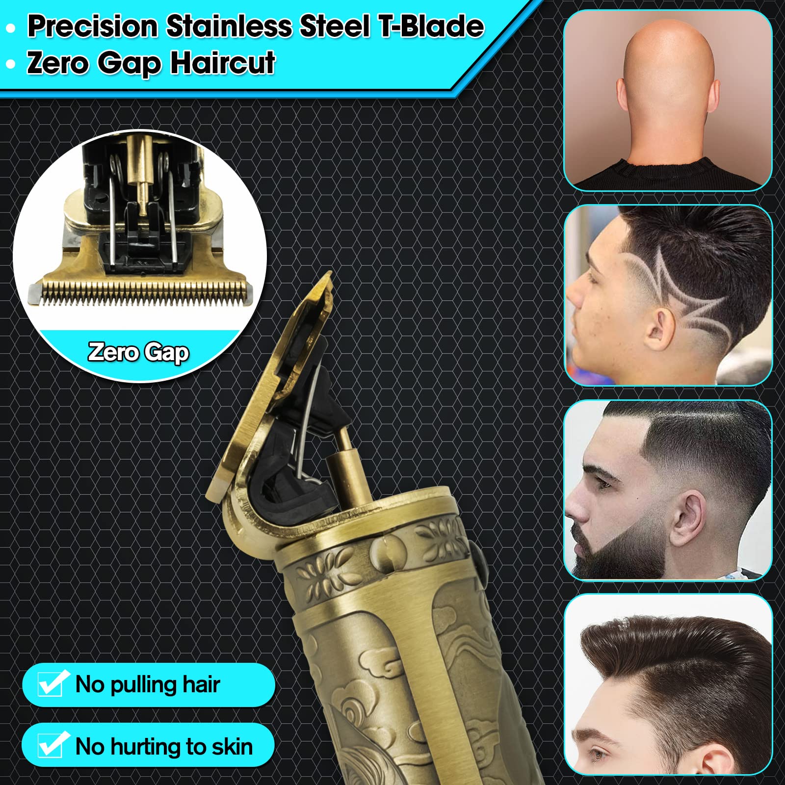 TLZGCNMD Professional Mens Hair Clipper Cordless Electric Beard Trimmer Zero Gapped T-Blade Trimmer Haircut & Grooming Kit for Men Rechargeable LCD Display Gold PRO