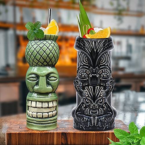 Tiki Mugs Cocktail Set of 4 - Large Ceramic Hawaiian Party Mugs Drinkware, Cute Exotic Cocktail Glasses, Tiki Bar Professional Hawaiian Party Barware, TKSET0012 (4 pack)