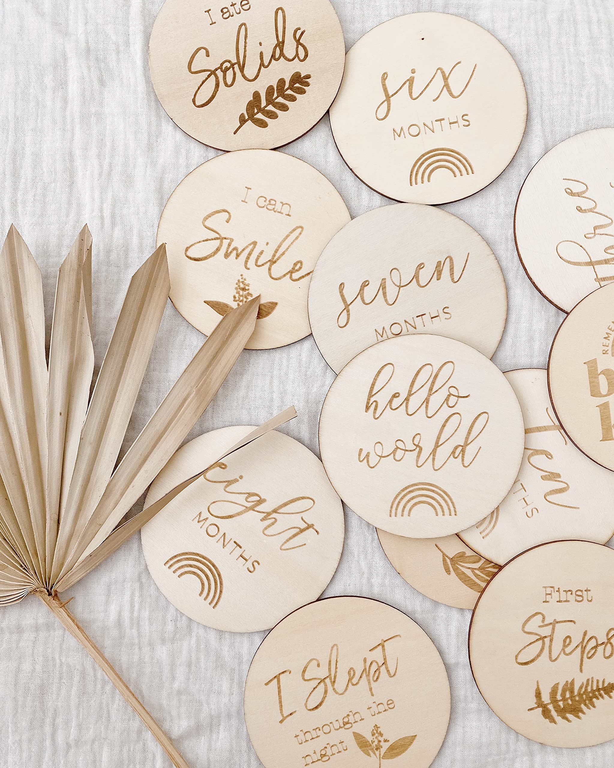 Baby Monthly Milestone Wooden Discs 12 Double Sided (24 Designs) Cards, Hello World Sign, Newborn Photo Props, Welcome Announcement, Hospital Birth Gift, Pregnancy Journey, Age Blocks