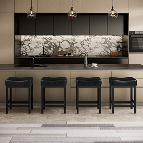 KATDANS Bar Stools Set of 2 - Counter Height Stools - 24 Inch Saddle Stool - PU Leather Kitchen Stools - Black Seat - Black Metal Base, KS861P-Black