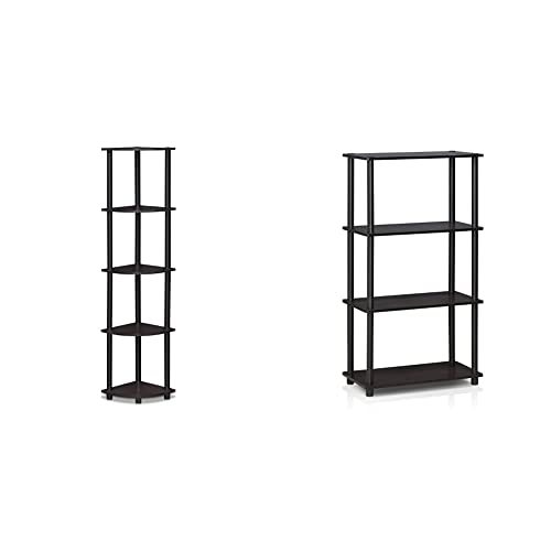 Furinno Turn-N-Tube 5 Tier Corner Display Rack Multipurpose Shelving Unit, 1-Pack, Dark Walnut & Turn-N-Tube 4-Tier Multipurpose Shelf Display Rack, Round Tubes, Dark Walnut