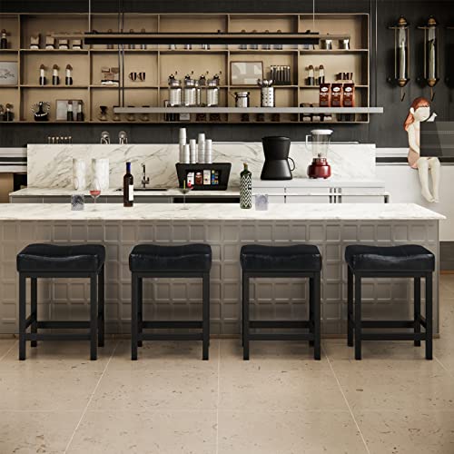KATDANS Bar Stools Set of 2 - Counter Height Stools - 24 Inch Saddle Stool - PU Leather Kitchen Stools - Black Seat - Black Metal Base, KS861P-Black
