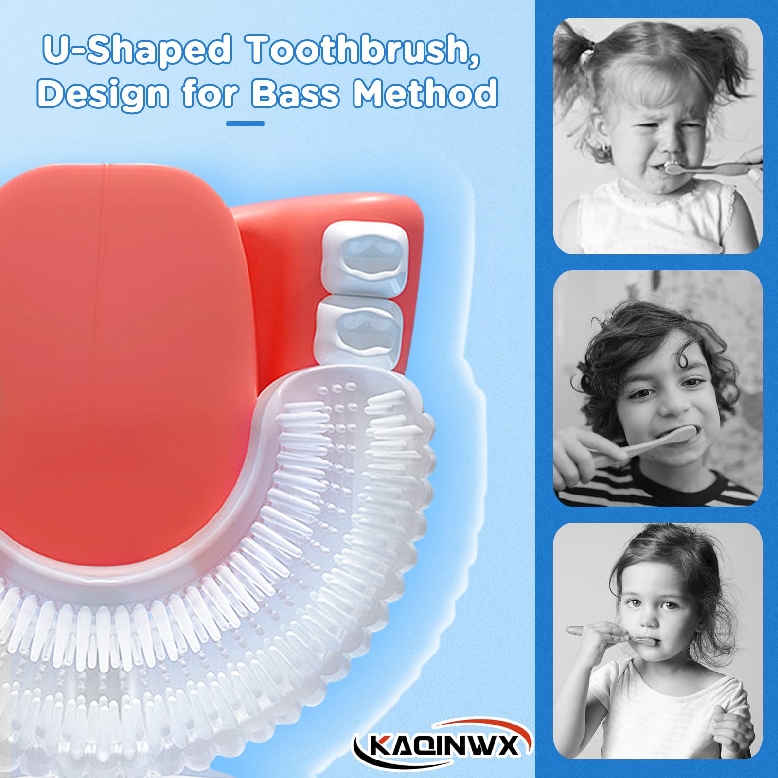 KAQINWX Kids Electric Toothbrushes, U Shaped Ultrasonic Toothbrush, Rechargeable Kids Toothbrush w/Smart Timer, 3 Brush Heads Replacement, 3 Clean Modes, IPX7 Water Resistant for Child 2-12