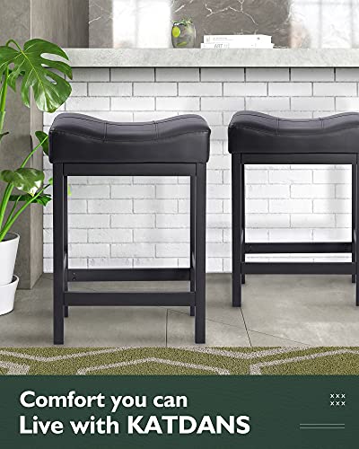KATDANS Bar Stools Set of 2 - Counter Height Stools - 24 Inch Saddle Stool - PU Leather Kitchen Stools - Black Seat - Black Metal Base, KS861P-Black