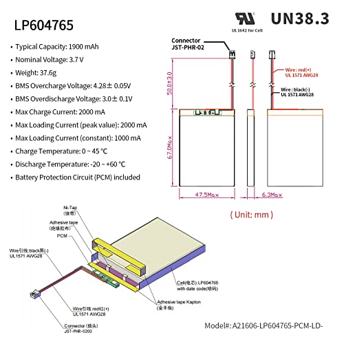 EEMB Lithium Polymer Battery 3.7V 1900mAh 604765 Lipo Rechargeable Battery Pack with Wire JST Connector for Speaker and Wireless Device- Confirm Device & Connector Polarity Before Purchase