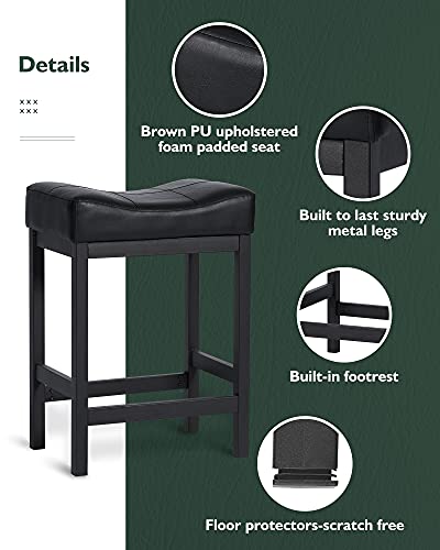 KATDANS Bar Stools Set of 2 - Counter Height Stools - 24 Inch Saddle Stool - PU Leather Kitchen Stools - Black Seat - Black Metal Base, KS861P-Black