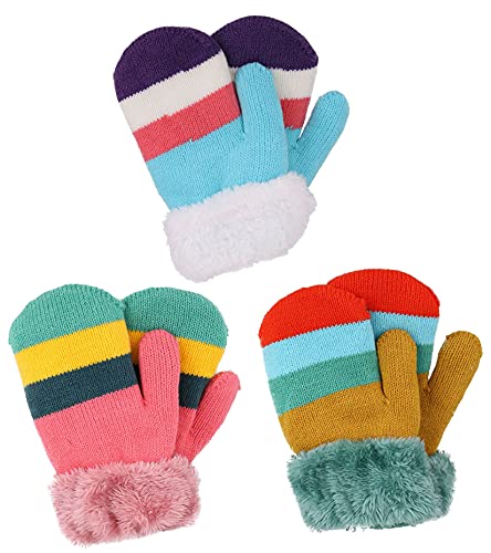 Arctic Paw Kids Gloves Winter Infant Mittens Boys Mittens Outdoor Sherpa Lined Winter Mitten Gloves Black Toddler Mittens, Stripe Mixed