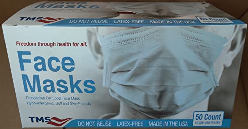 TMS Consumer Series 3-Layer Face Mask, F3502 Tested 96%, Disposable, Single-Use, 50-Count, Made in USA, Breathable, Soft, Hypoallergenic, Premium Meltblown, Latex-free