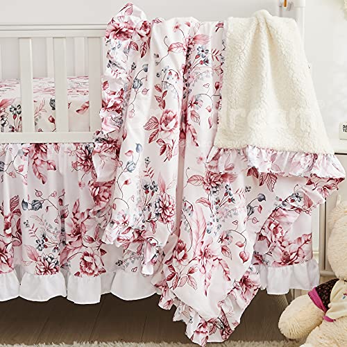 Brandream Girls Nursery Bedding Pink Floral Crib Bedding Set 3 Piece Farmhouse Baby Blanket Set, 3 Piece