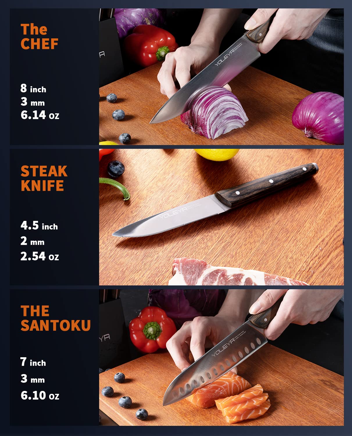YOLEYA Kitchen Knife Set, 15PCS Chef Knife Sets for Kitchen with Block Wooden Triple Rivets German High Carbon Stainless Classic Style Full Tang