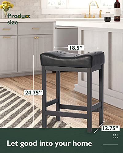 KATDANS Bar Stools Set of 2 - Counter Height Stools - 24 Inch Saddle Stool - PU Leather Kitchen Stools - Black Seat - Black Metal Base, KS861P-Black