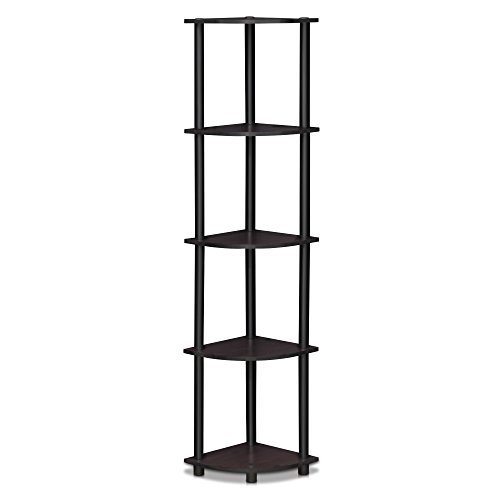 Furinno Turn-N-Tube 5 Tier Corner Display Rack Multipurpose Shelving Unit, 1-Pack, Dark Walnut & Turn-N-Tube 4-Tier Multipurpose Shelf Display Rack, Round Tubes, Dark Walnut