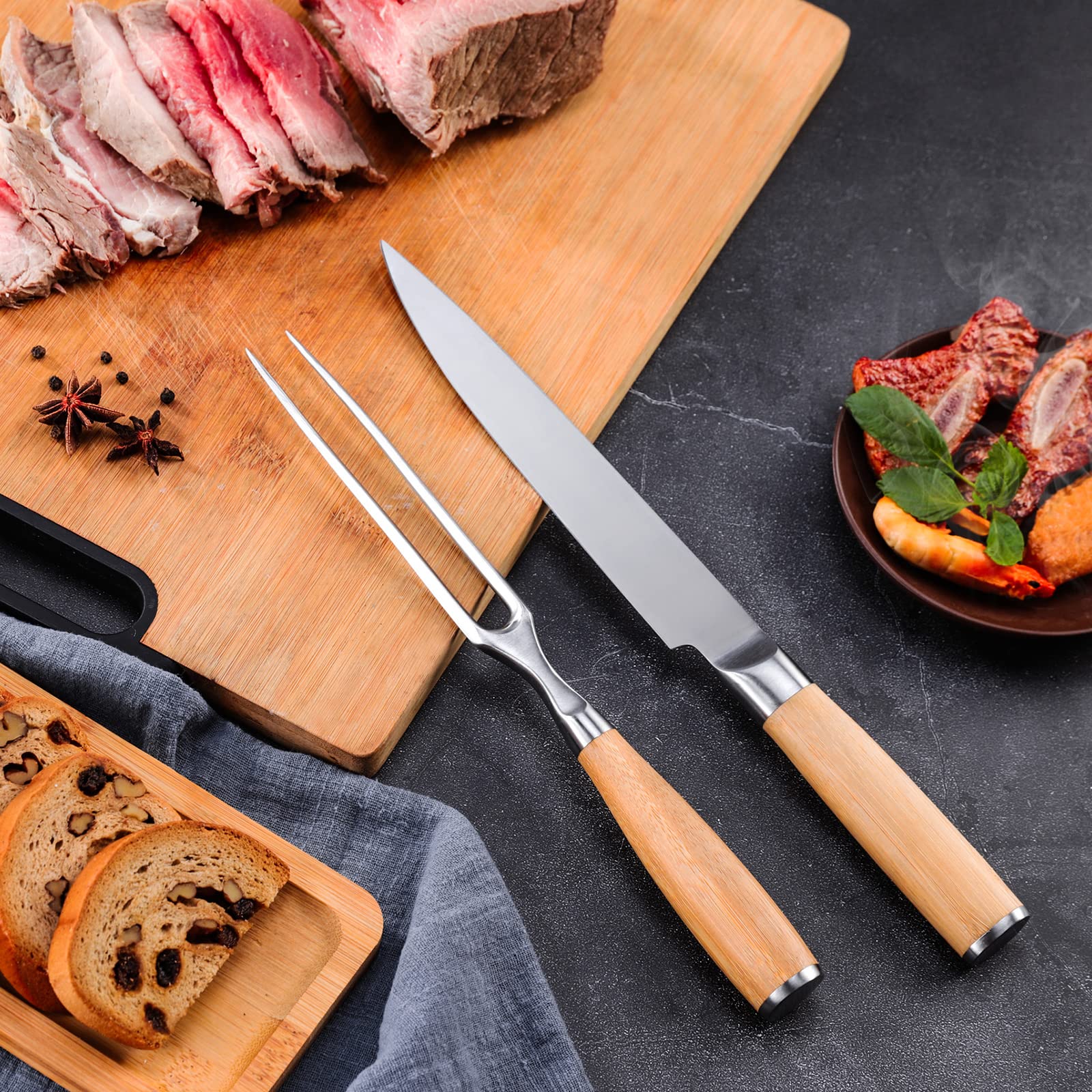 WEQUALITY Carving Knife and Fork Set with Bamboo Handles,Meat Turkey Carving Set,Premium Molybdenum Vanadium Steel Meat Slicing Knife with Meat Fork,Gift Box Packing