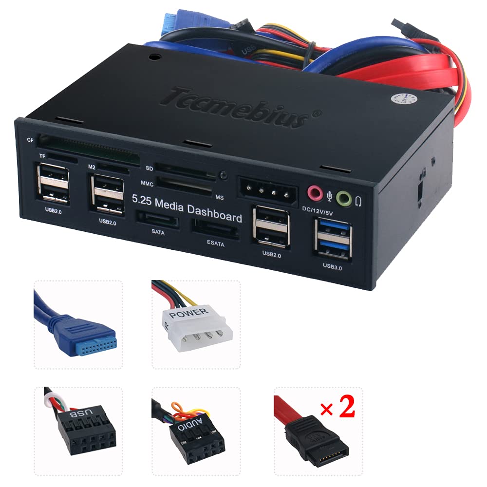 Tccmebius TCC-QL5E 5.25 Inch PC Multifunction Dashboard Media Front Panel, with SATA e-SATA Dual USB 3.0 6 Port USB 2.0 Audio Ports and Five-in-one Card Reader