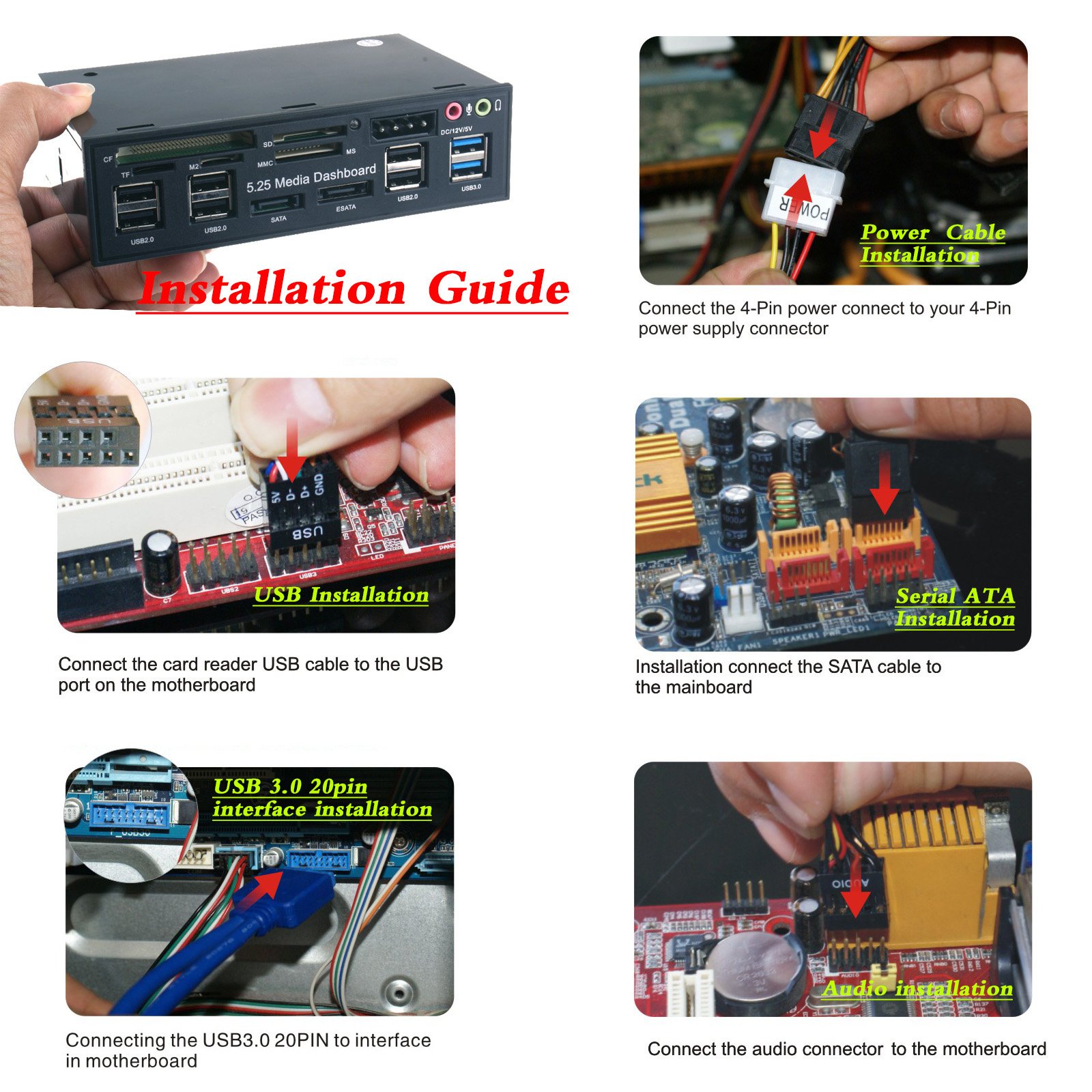 Tccmebius TCC-QL5E 5.25 Inch PC Multifunction Dashboard Media Front Panel, with SATA e-SATA Dual USB 3.0 6 Port USB 2.0 Audio Ports and Five-in-one Card Reader