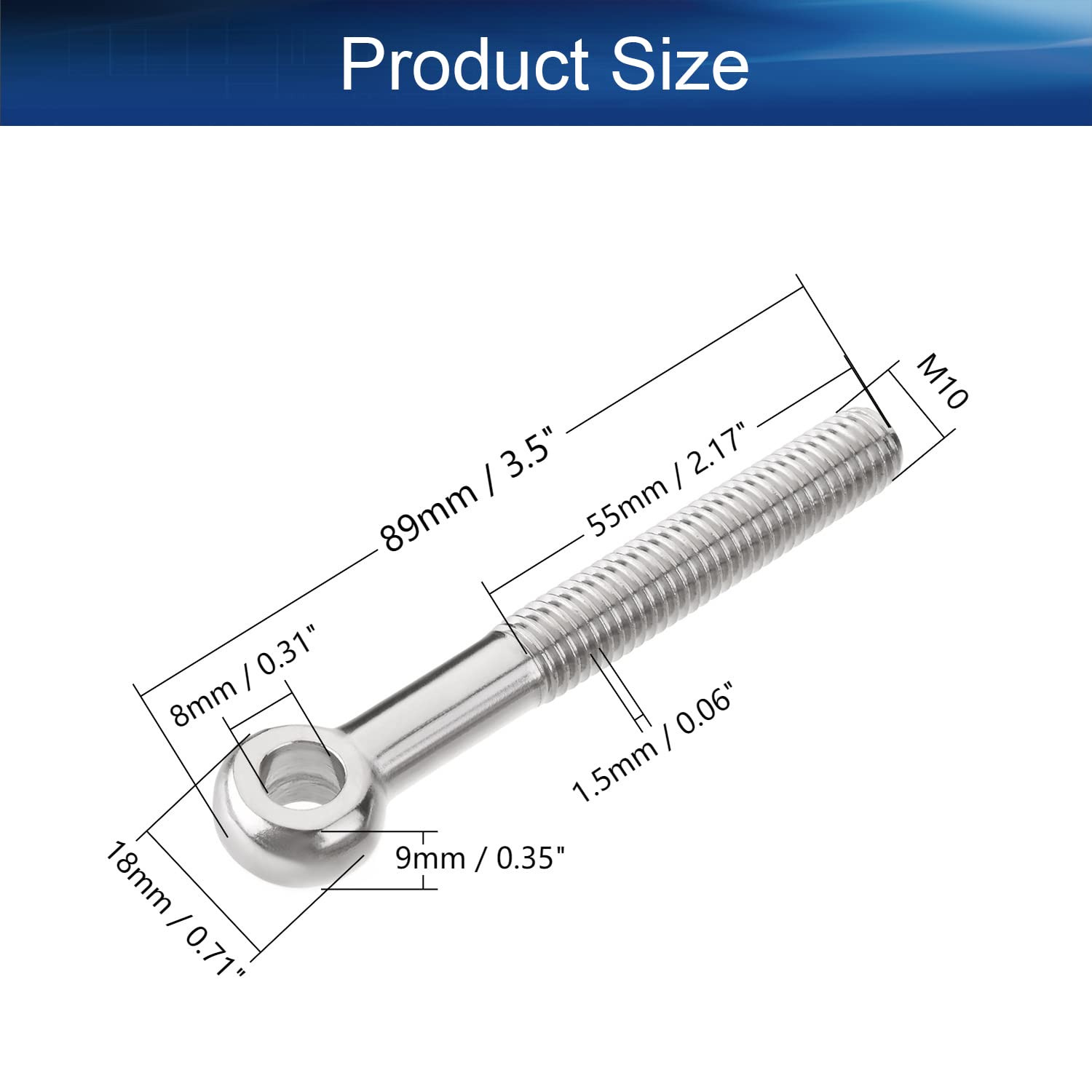 Yinpecly M10x80mm Eye Shape Bolt, 304 Stainless Steel Fish Eye Bolt, Lifting Ring Eye Bolts, 8mm x 18mm(IDxOD) Closed Rod Eye Screw Bolts Metric Thread, 2Pcs