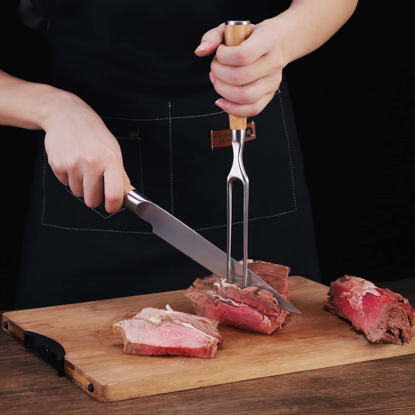 WEQUALITY Carving Knife and Fork Set with Bamboo Handles,Meat Turkey Carving Set,Premium Molybdenum Vanadium Steel Meat Slicing Knife with Meat Fork,Gift Box Packing