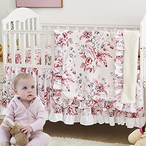 Brandream Girls Nursery Bedding Pink Floral Crib Bedding Set 3 Piece Farmhouse Baby Blanket Set, 3 Piece