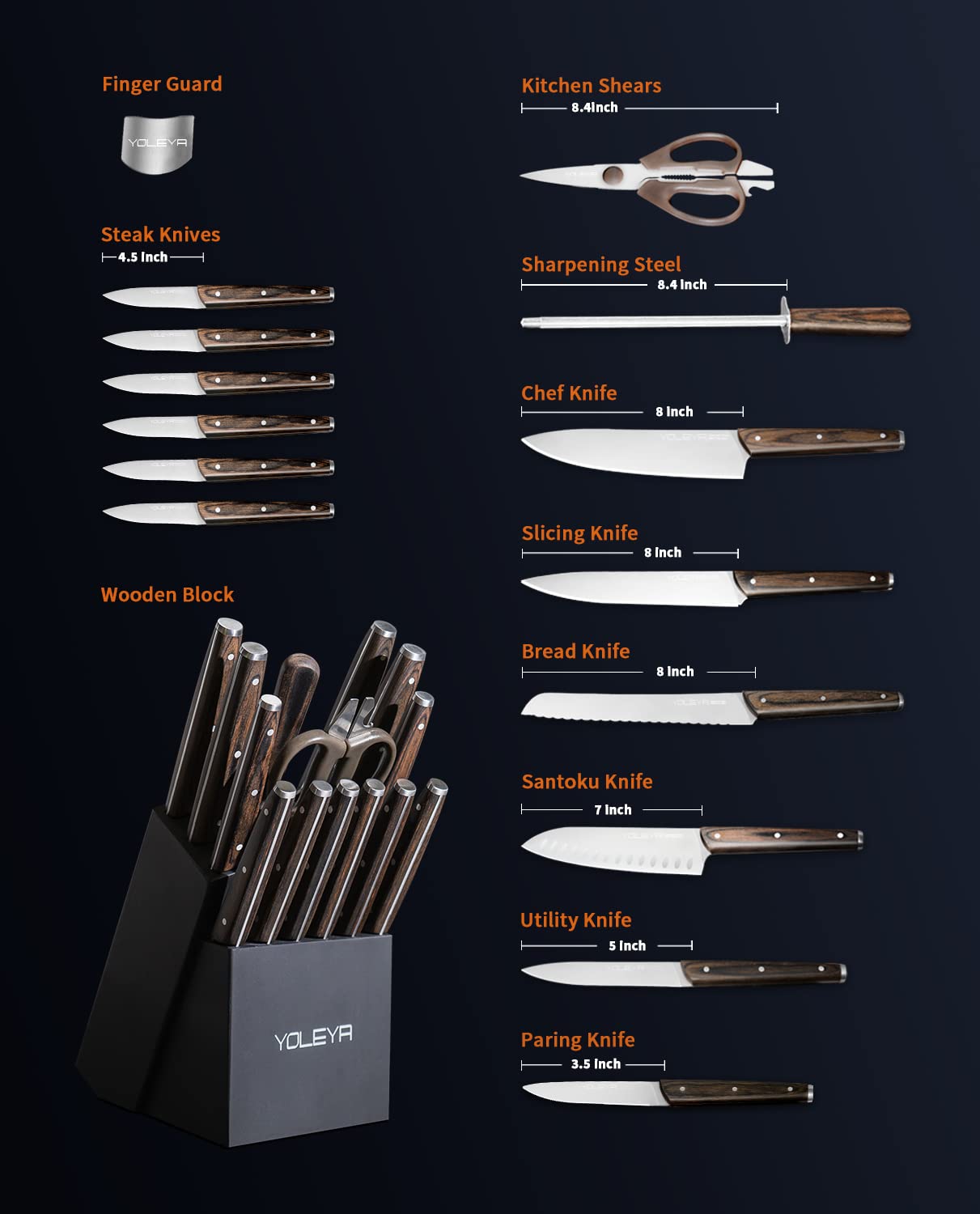 YOLEYA Kitchen Knife Set, 15PCS Chef Knife Sets for Kitchen with Block Wooden Triple Rivets German High Carbon Stainless Classic Style Full Tang