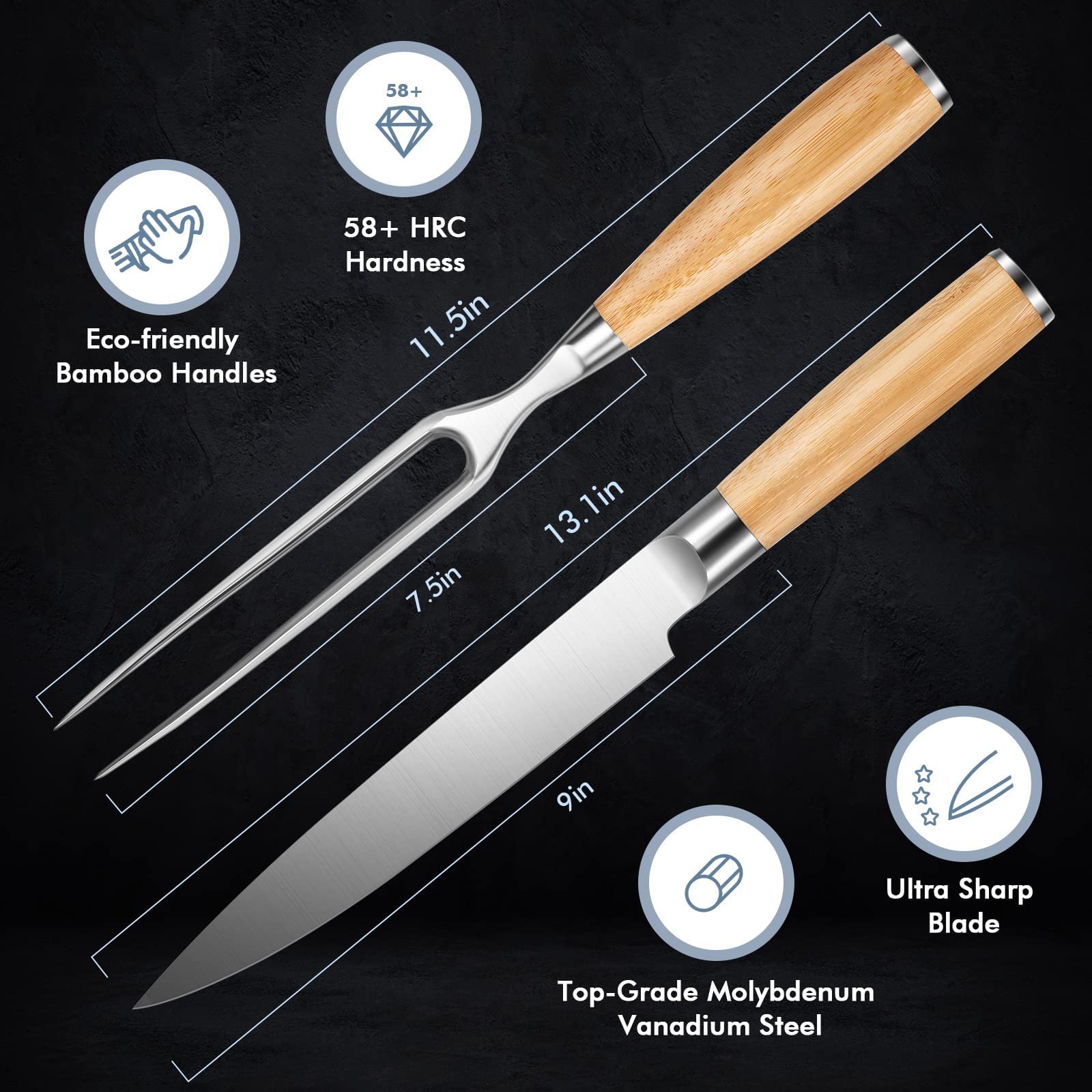 WEQUALITY Carving Knife and Fork Set with Bamboo Handles,Meat Turkey Carving Set,Premium Molybdenum Vanadium Steel Meat Slicing Knife with Meat Fork,Gift Box Packing