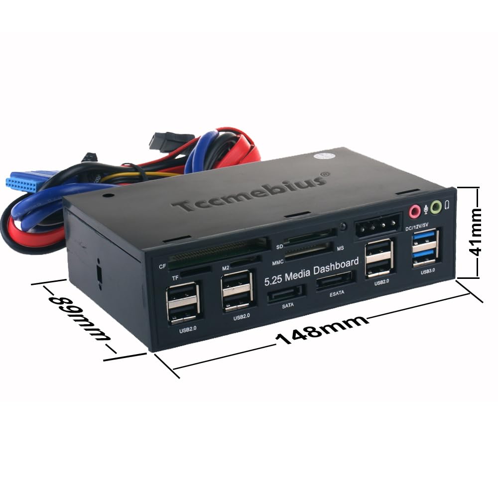 Tccmebius TCC-QL5E 5.25 Inch PC Multifunction Dashboard Media Front Panel, with SATA e-SATA Dual USB 3.0 6 Port USB 2.0 Audio Ports and Five-in-one Card Reader