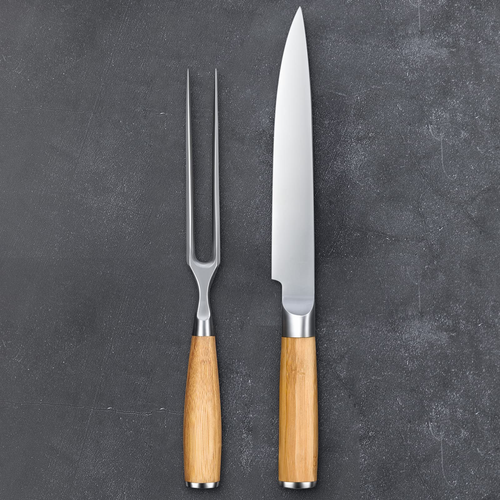 WEQUALITY Carving Knife and Fork Set with Bamboo Handles,Meat Turkey Carving Set,Premium Molybdenum Vanadium Steel Meat Slicing Knife with Meat Fork,Gift Box Packing
