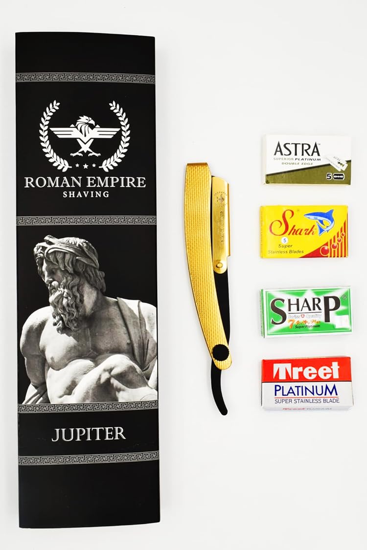ROMAN EMPIRE SHAVING Jupiter New Straight Razor for Professional Barber with 20 Blades Sampler (Astra-Sharp-Shark-Treet)