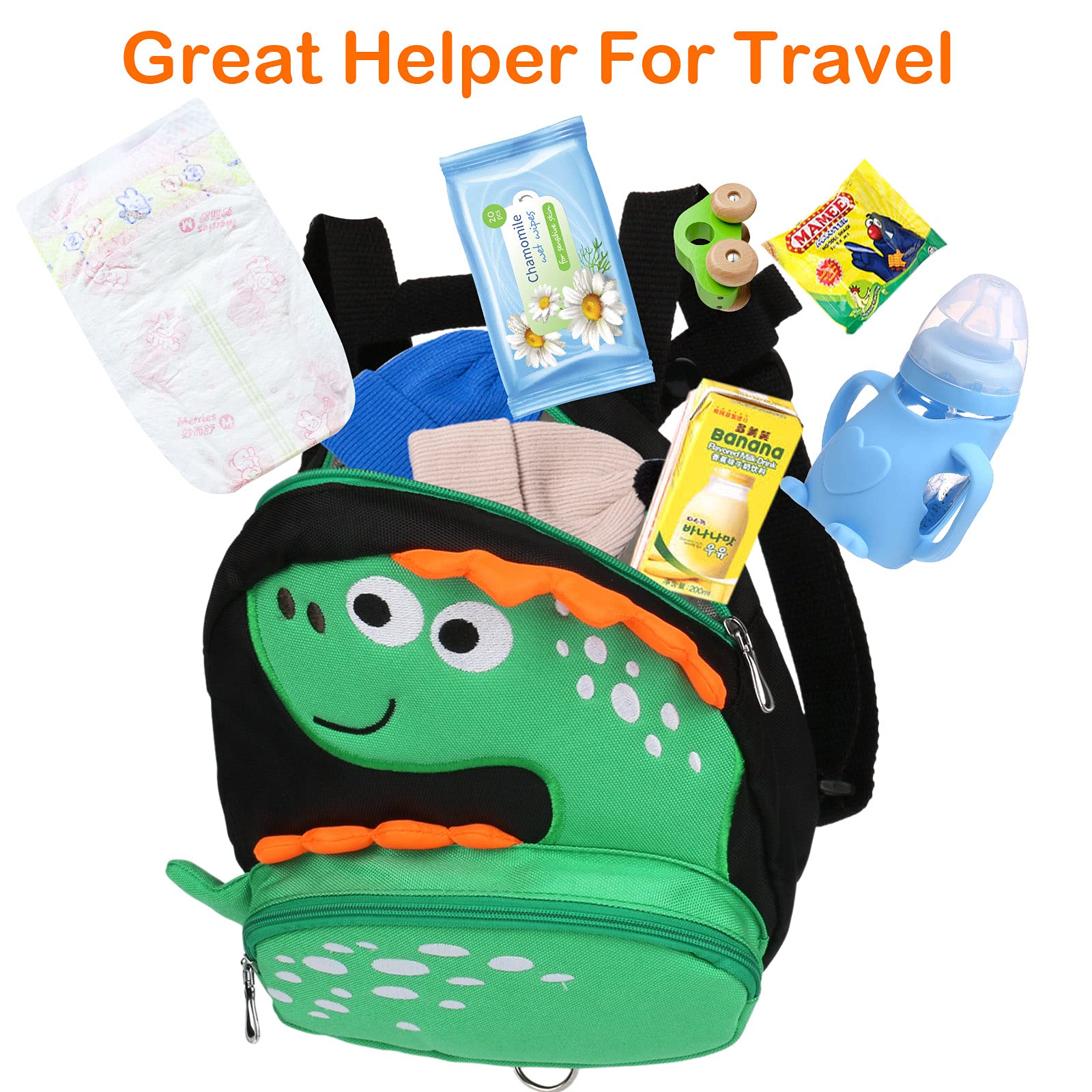 Yuepin Backpack Leash for Toddlers + Anti Lost Wrist Link, Dinosaur Kids Backpack Harness with Leash for 1-5 Years Old Boys and Girls Christmas Gift (Dinosaur Black)