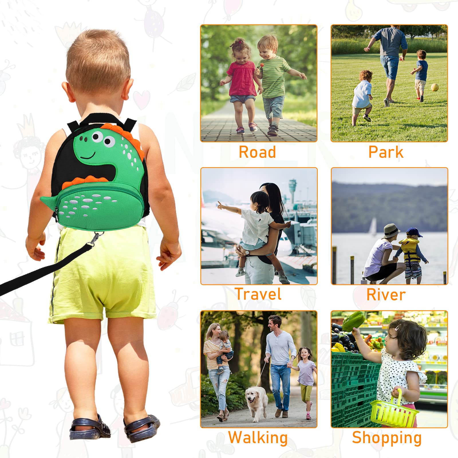 Yuepin Backpack Leash for Toddlers + Anti Lost Wrist Link, Dinosaur Kids Backpack Harness with Leash for 1-5 Years Old Boys and Girls Christmas Gift (Dinosaur Black)