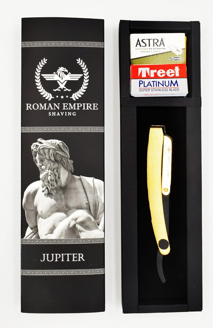ROMAN EMPIRE SHAVING Jupiter New Straight Razor for Professional Barber with 20 Blades Sampler (Astra-Sharp-Shark-Treet)