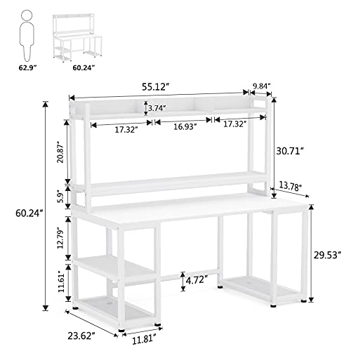 Tribesigns 55 Inches Computer Desk with Hutch and Monitor Stand Riser, Rustic Industrial Desk Computer Table Studying Writing Desk Workstation with Storage Shelves Bookshelf for Home Office (White)