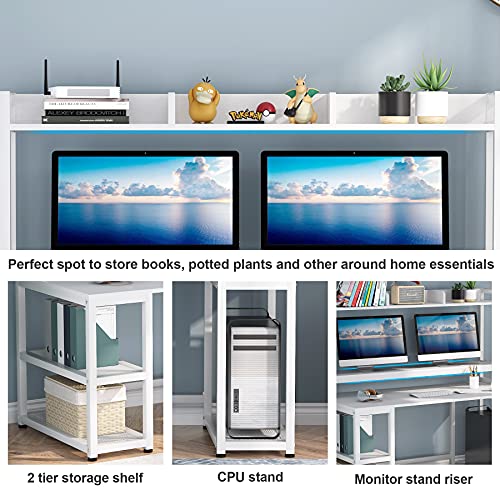 Tribesigns 55 Inches Computer Desk with Hutch and Monitor Stand Riser, Rustic Industrial Desk Computer Table Studying Writing Desk Workstation with Storage Shelves Bookshelf for Home Office (White)