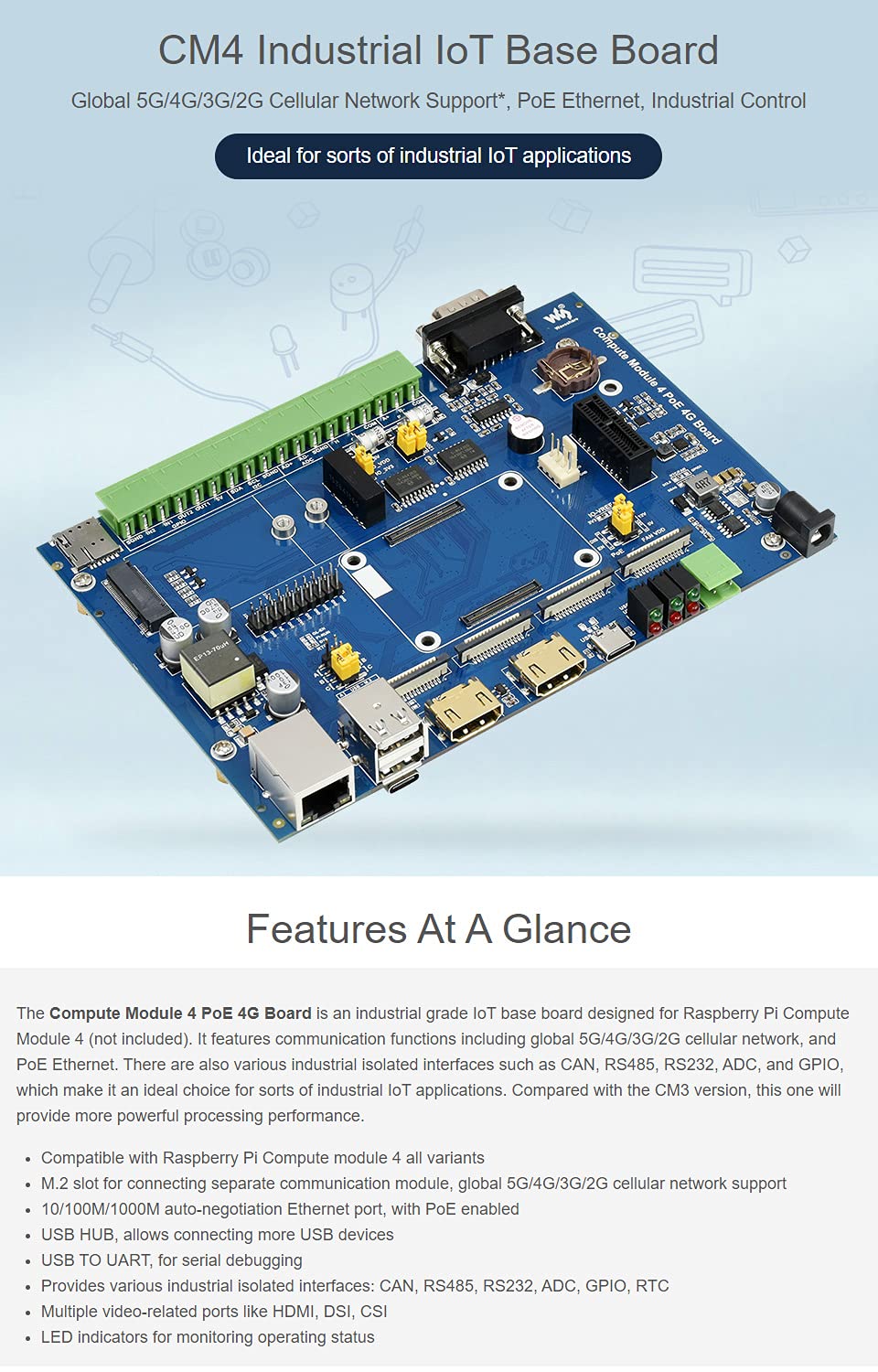 Waveshare Compute Module 4 Industrial IoT Base Board for All Variants of Raspberry Pi CM4 Global 5G/4G/3G/2G Cellular Network Support
