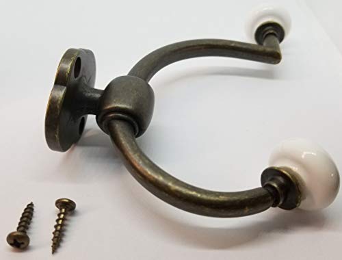Double Front Mount Coat Hook Porcelain Knobs Old Classic Vintage Rack hat Jacket Retro (Antique Brass)