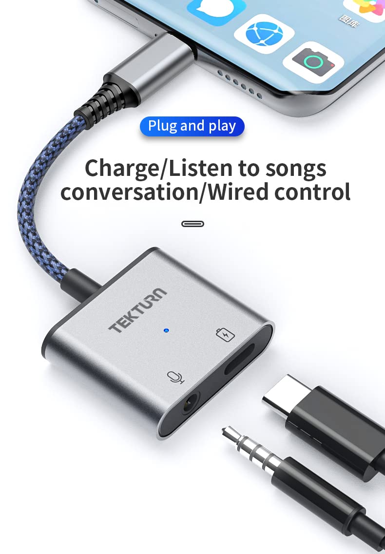 USB-C to 3.5 mm Headphone and Charger Adapter, 2 in 1 USB-C to Aux Audio Jack with PD 60W Fast Charging, Compatible with iPad Pro, iPad Air, Android Phones and Tablets by TEKTURN